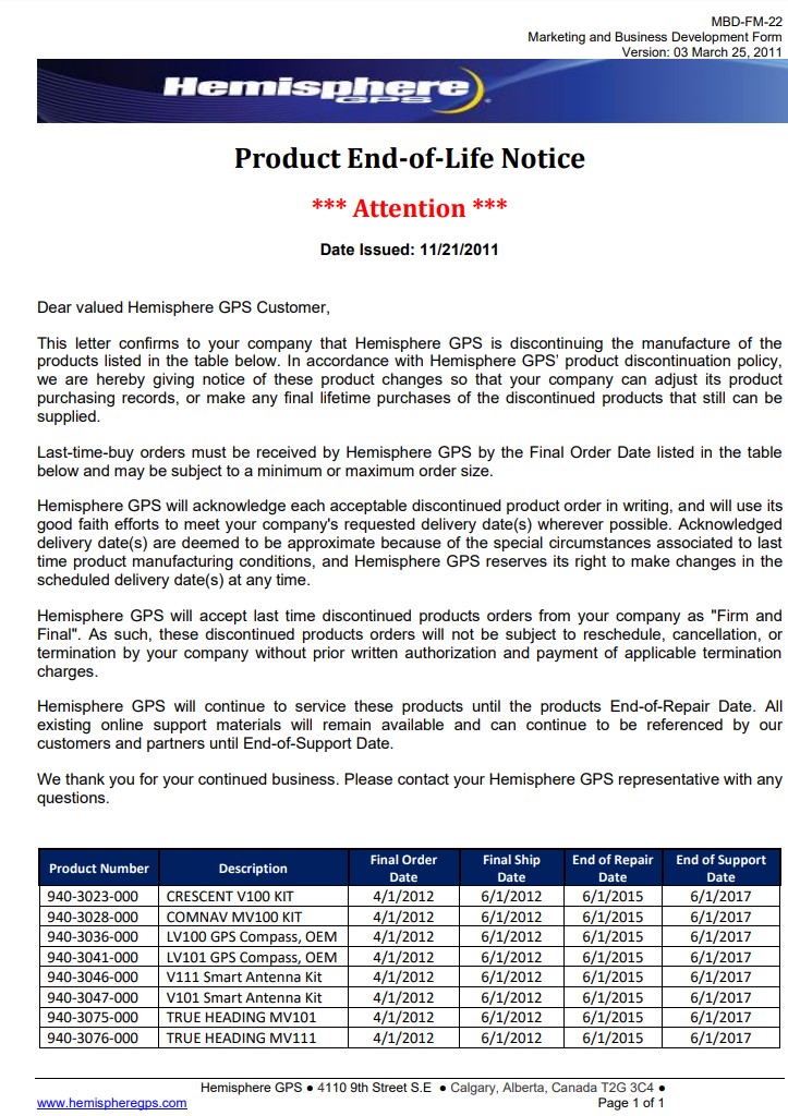 Vector End of Life Last Time Buy Notice – Hemisphere GNSS