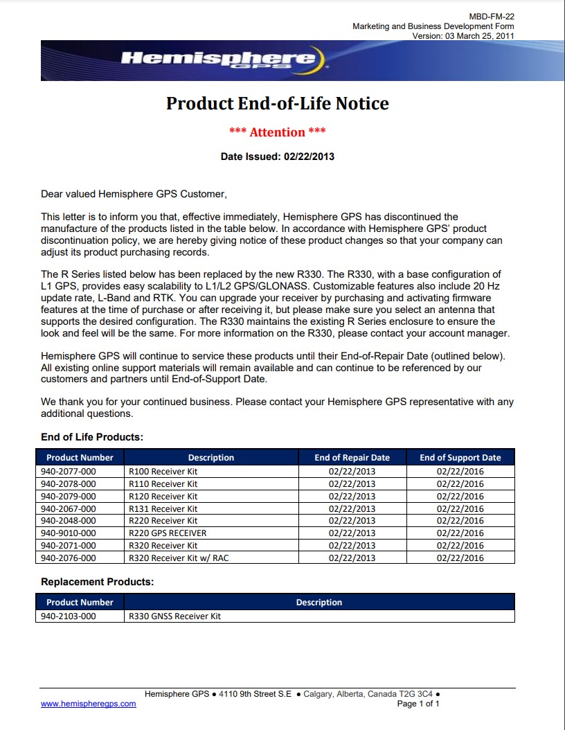R Series End Of Life Notice – Hemisphere GNSS
