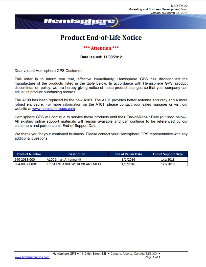 A100 End of Life Notice – Hemisphere GNSS