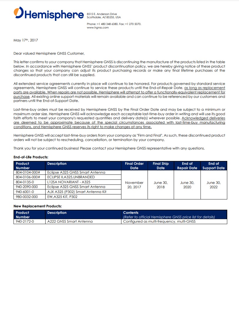 A325 EOL Notice – Hemisphere GNSS