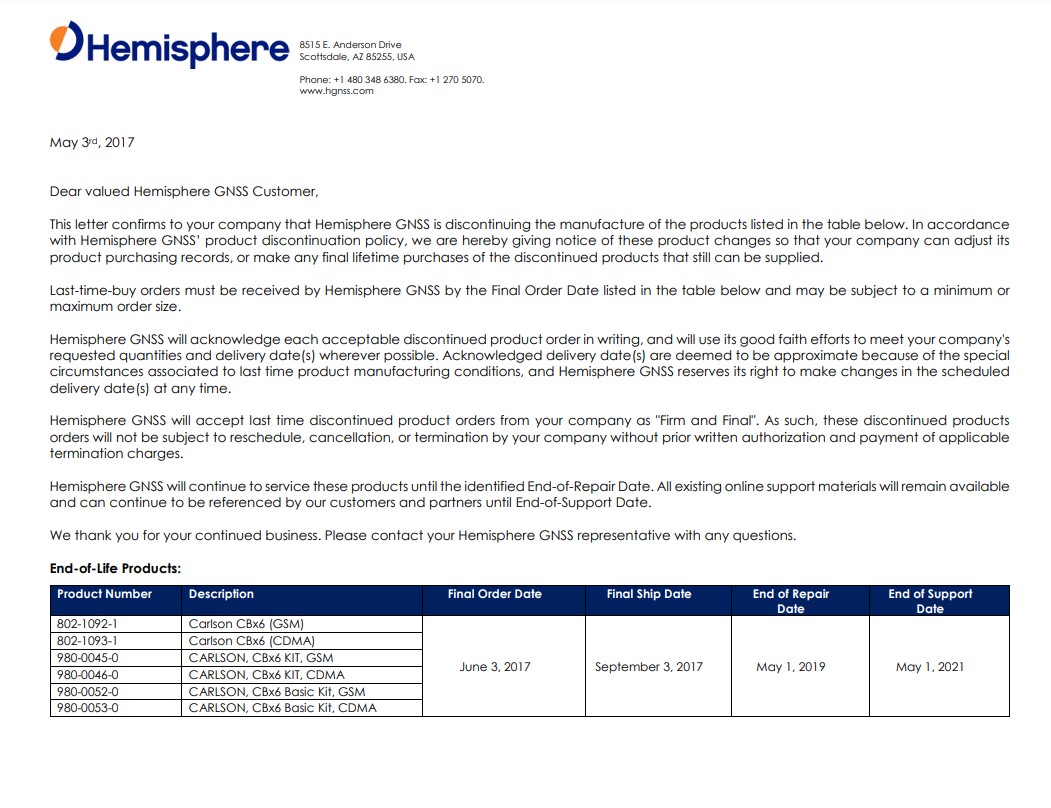 CBx6 EOL Notice – Hemisphere GNSS