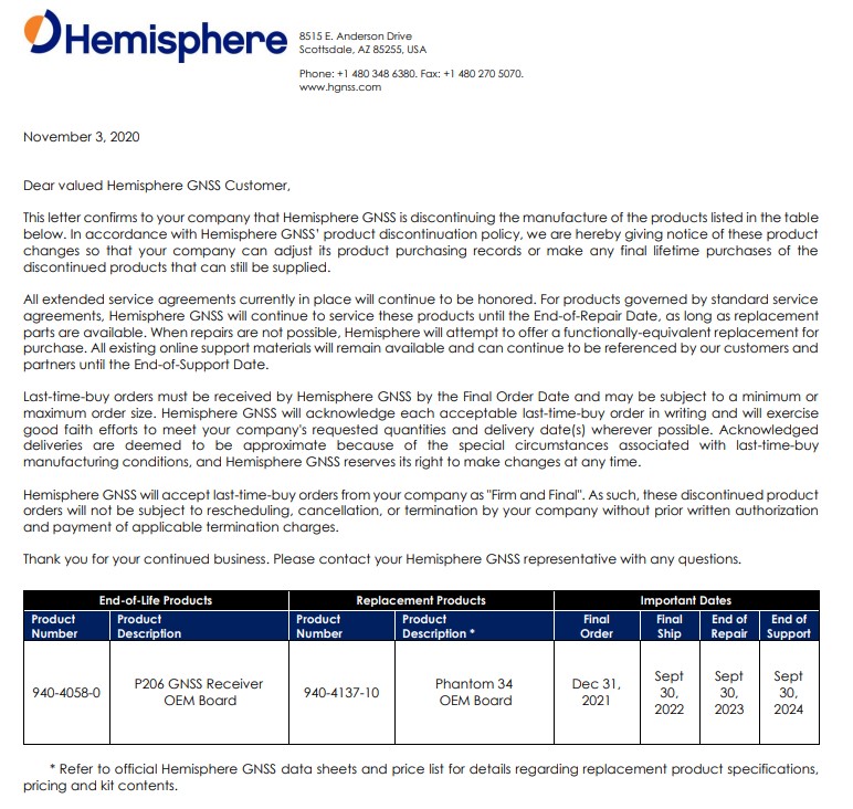 P206 End Of Life Statement – Hemisphere GNSS